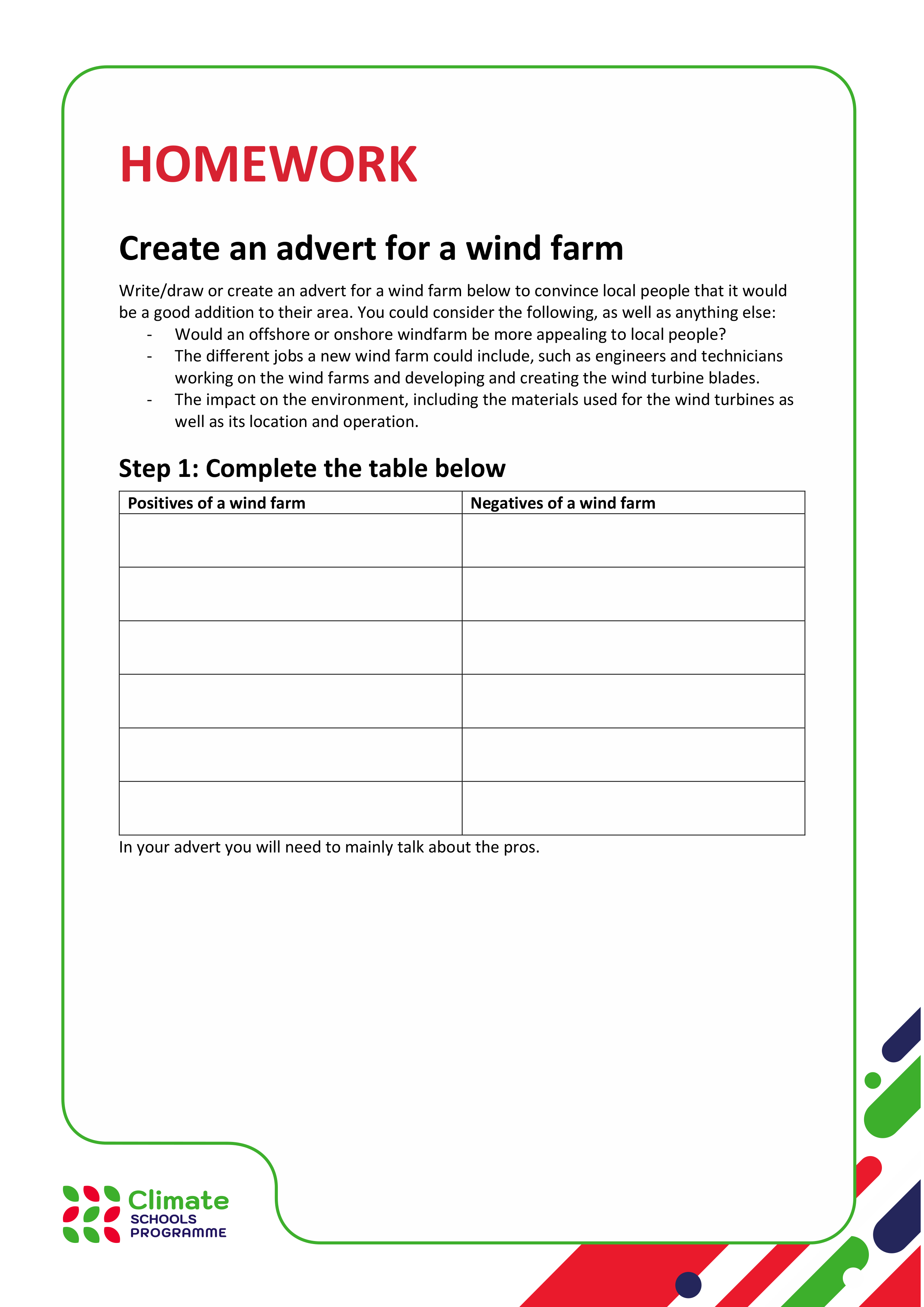 Create a wind farm advert - a geography homework resource from Climate ...